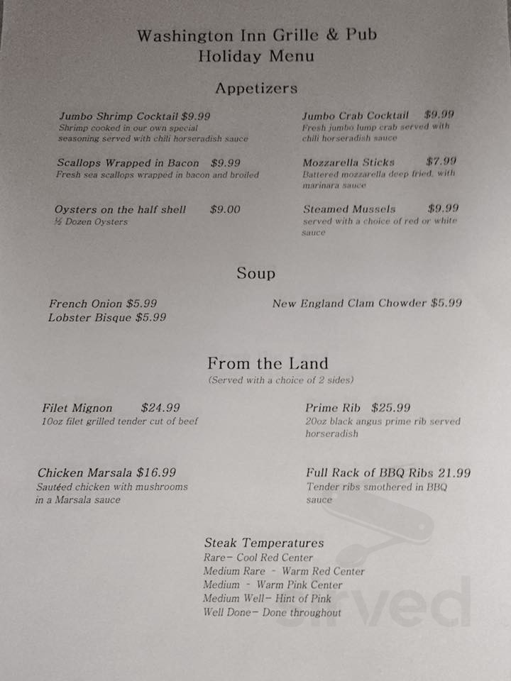 Washington Grille & Pub menu in Bechtelsville, Pennsylvania, USA