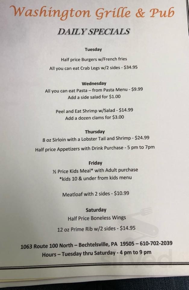 Menu for Washington Grille & Pub in Bechtelsville, PA | Sirved