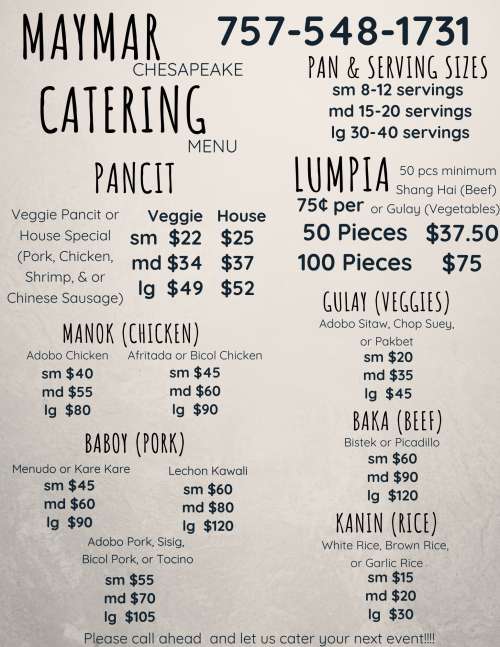 Maymar Filipino Restaurant menu in Chesapeake, Virginia, USA