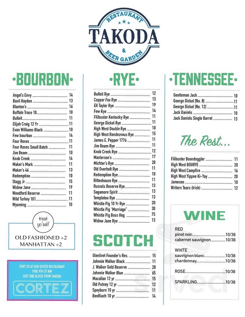 TAKODA - Rooftop Restaurant & Beer Garden menu in 715 Florida Ave NW ...