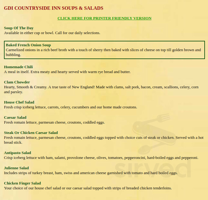 GDI Countryside Inn menus in Alden, New York, United States