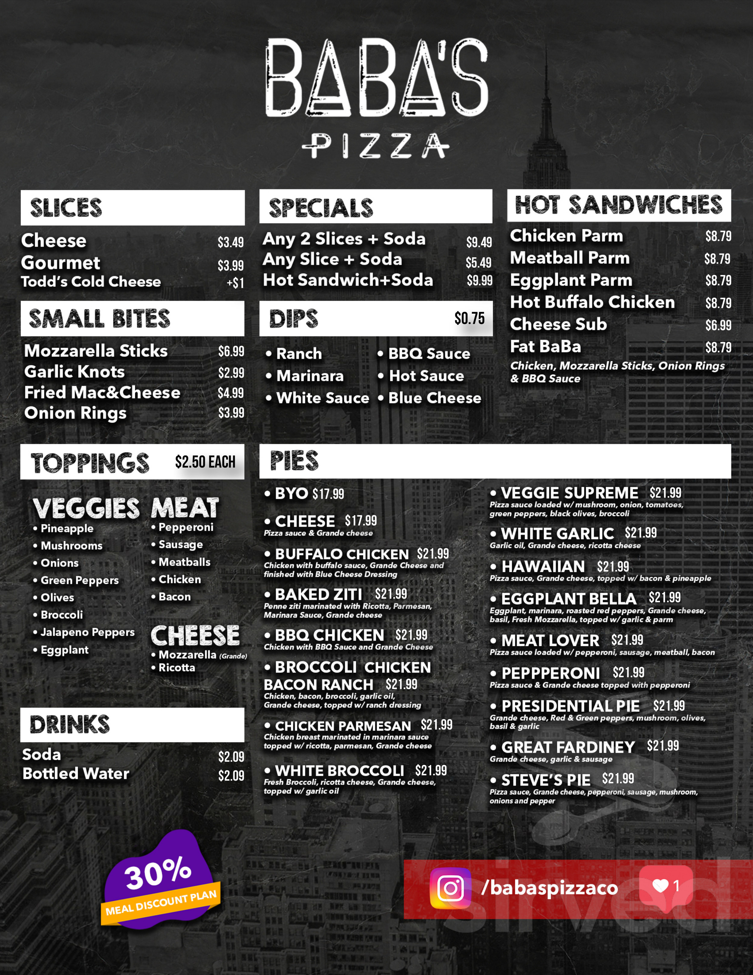 Baba's Pizza menu in Albany, New York, USA