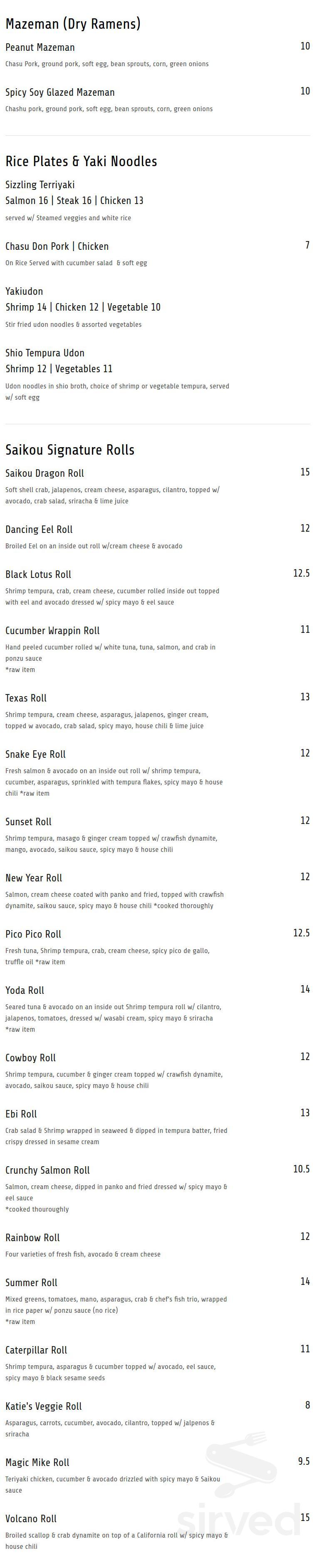 Menu - Fort Worth TX's Saikou Sushi & Ramen | Sirved