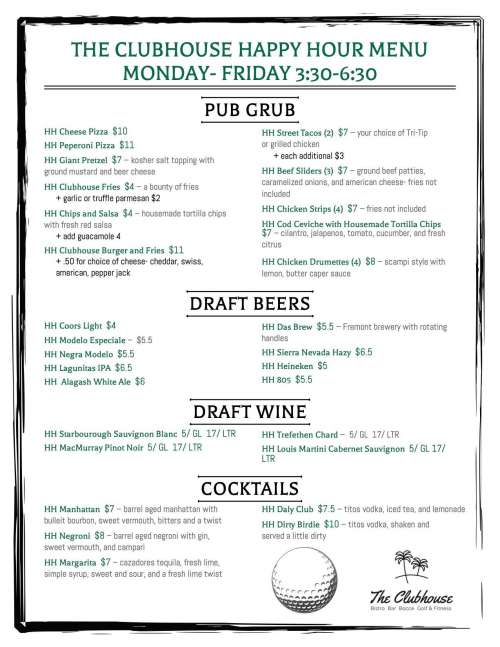 The Clubhouse Bistro and Bar menu in Fremont, California, USA