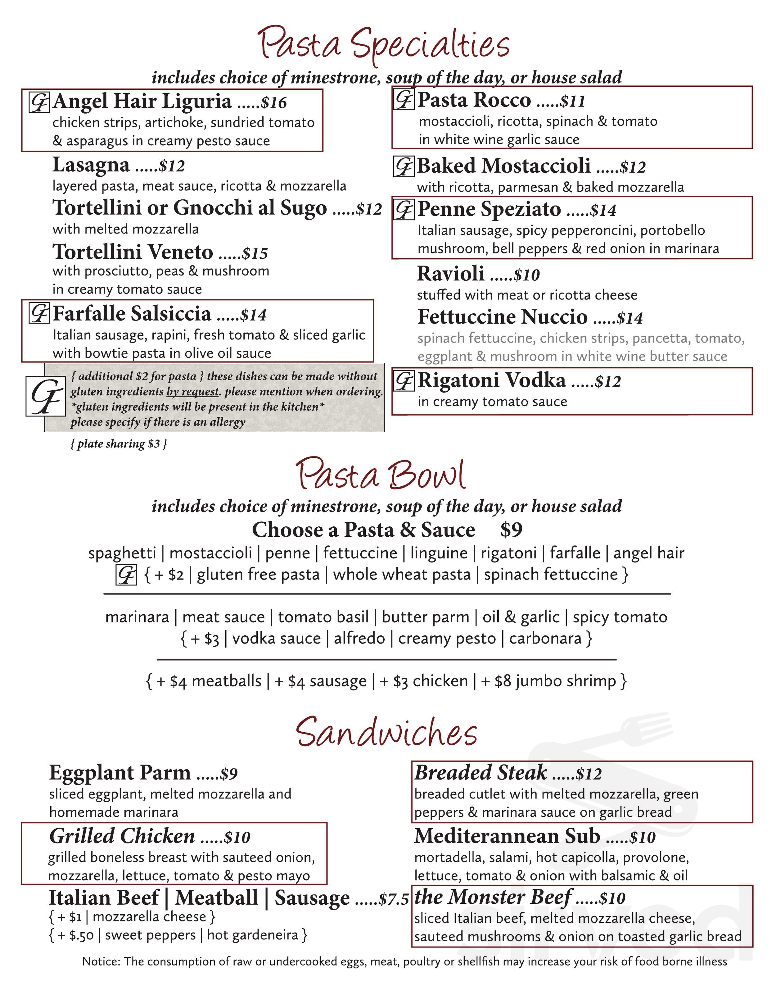 RoccoVino's Italian Restaurant menu in Elk Grove Village, Illinois, USA