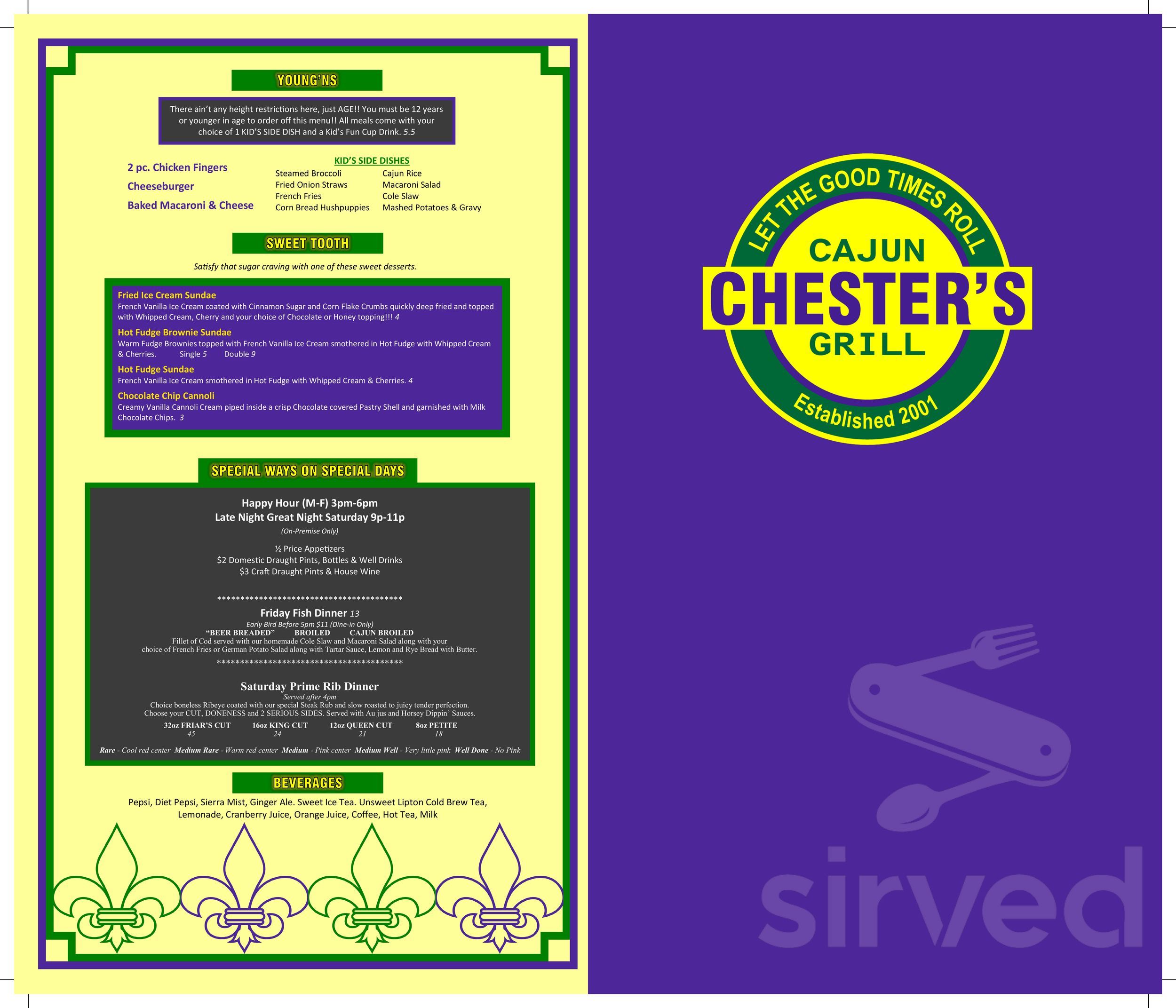 Chester's Cajun Grill menu in Buffalo, New York, USA