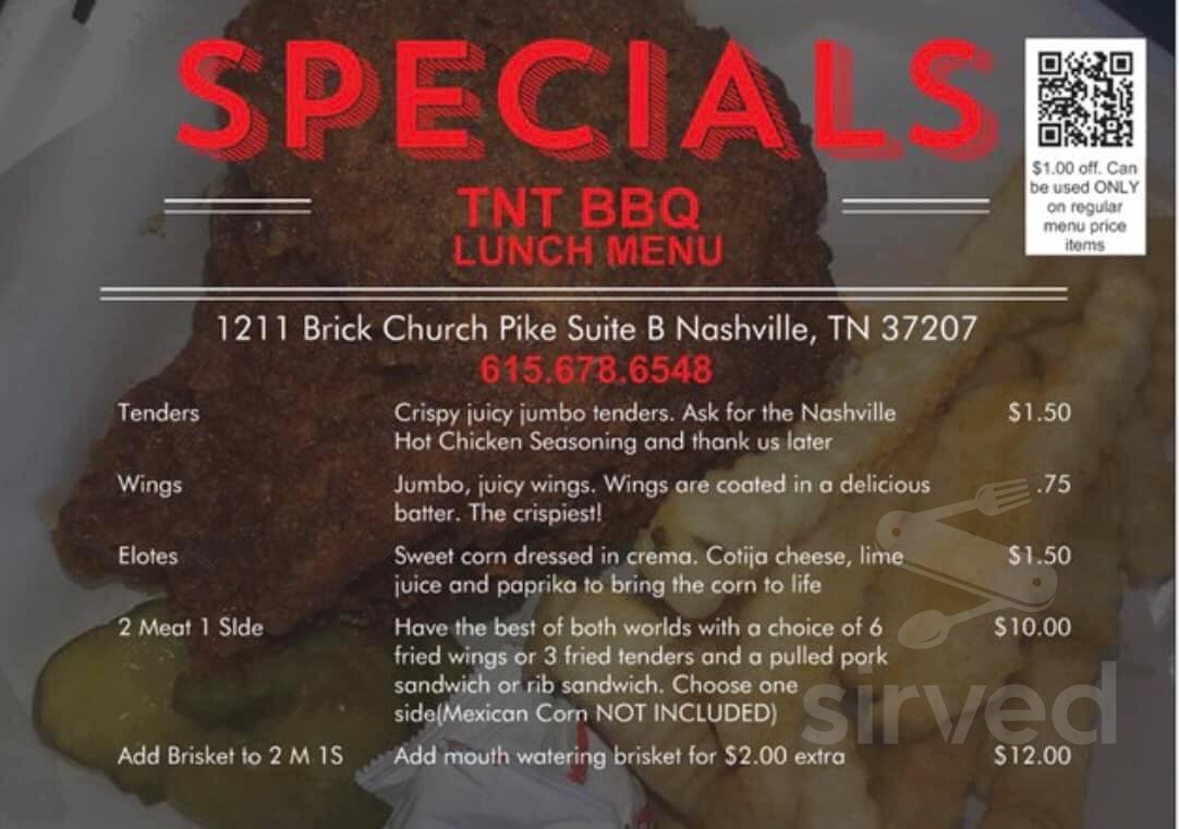 TNT BBQ menu in Nashville, Tennessee, USA