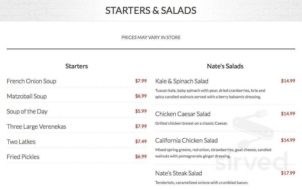 Nate's Deli menu in Ottawa, Ontario, Canada