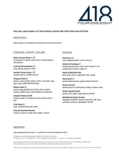 418 Restaurant menu in Kalamazoo, Michigan, USA