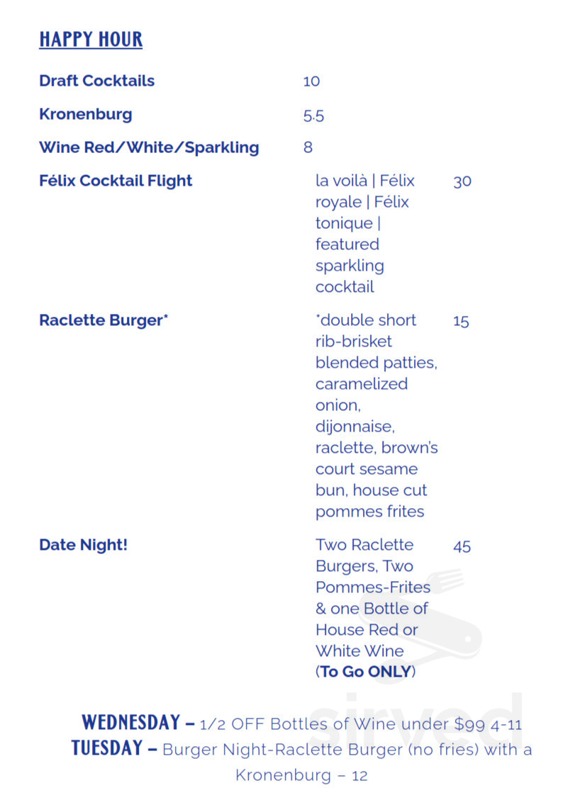 Felix Cocktails et Cuisine menu in Charleston, South Carolina, USA
