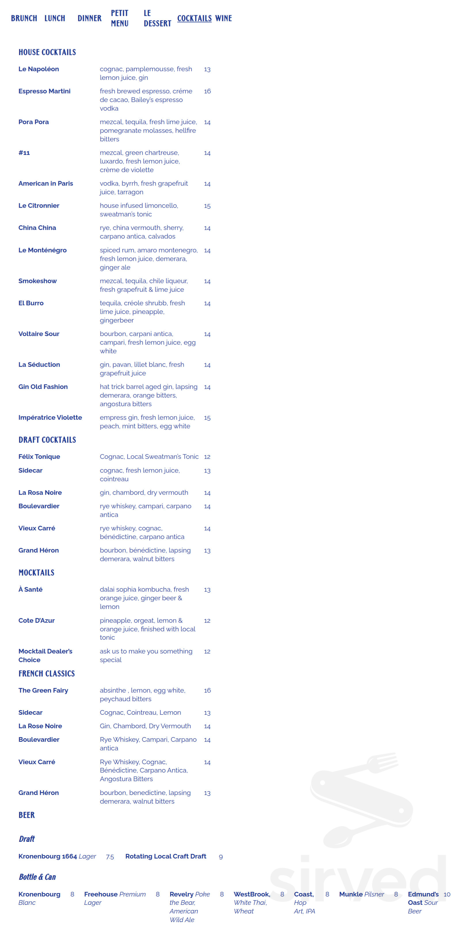 Felix Cocktails et Cuisine menu in Charleston, South Carolina, USA