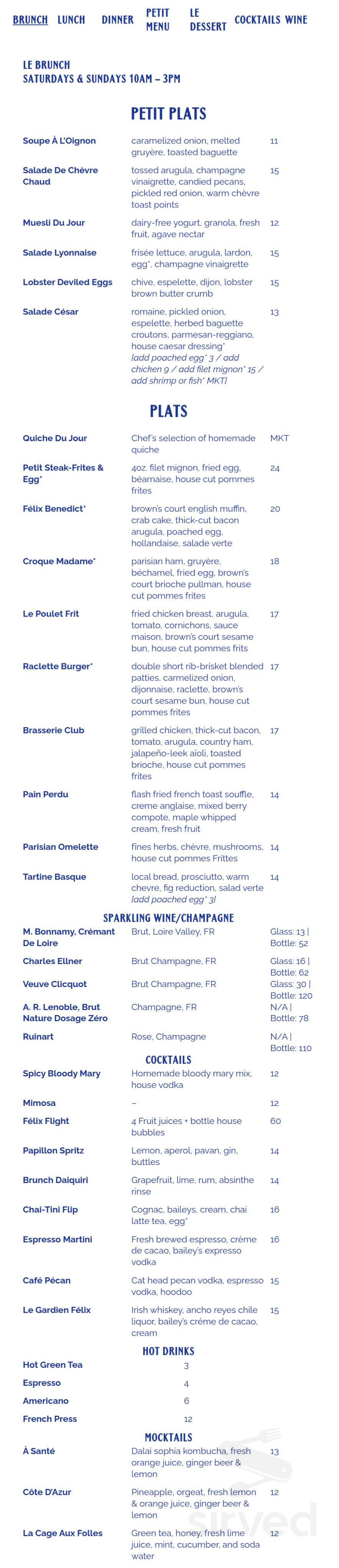 Felix Cocktails et Cuisine menu in Charleston, South Carolina, USA