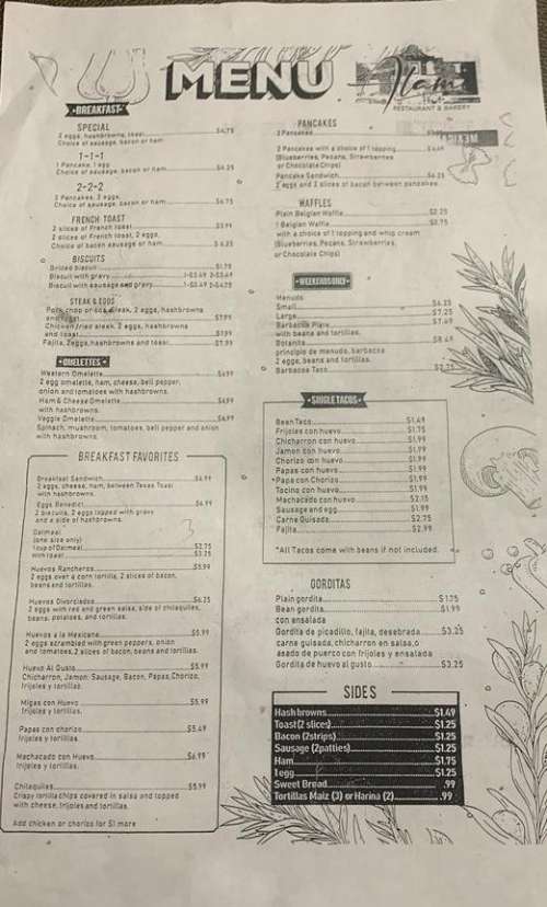 Alamo Restaurant menu in Alamo, Texas, USA