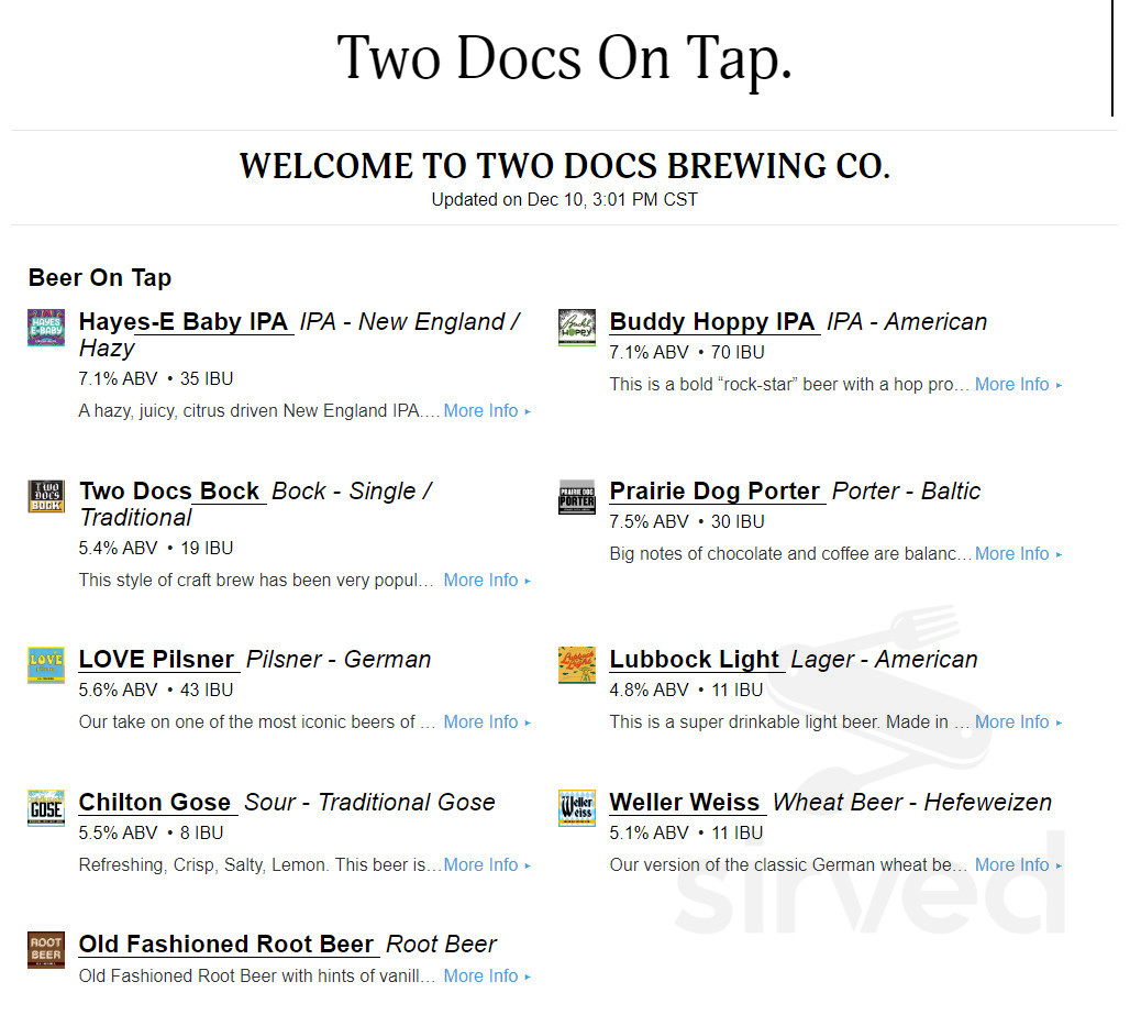 Menu - Lubbock TX's Two Docs Brewing Co. | Sirved