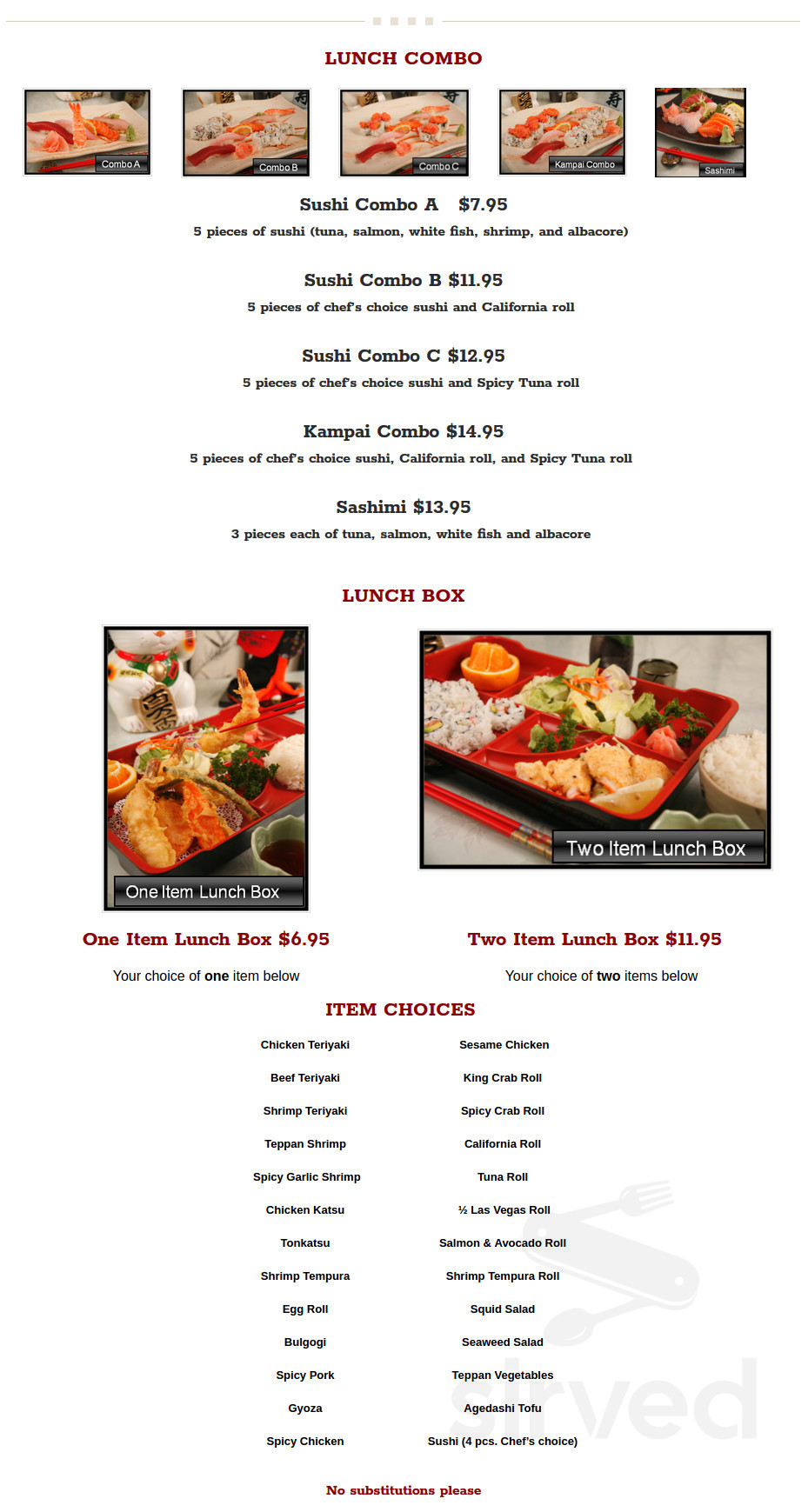 Kampai Sushi menu in Tucson, Arizona, USA