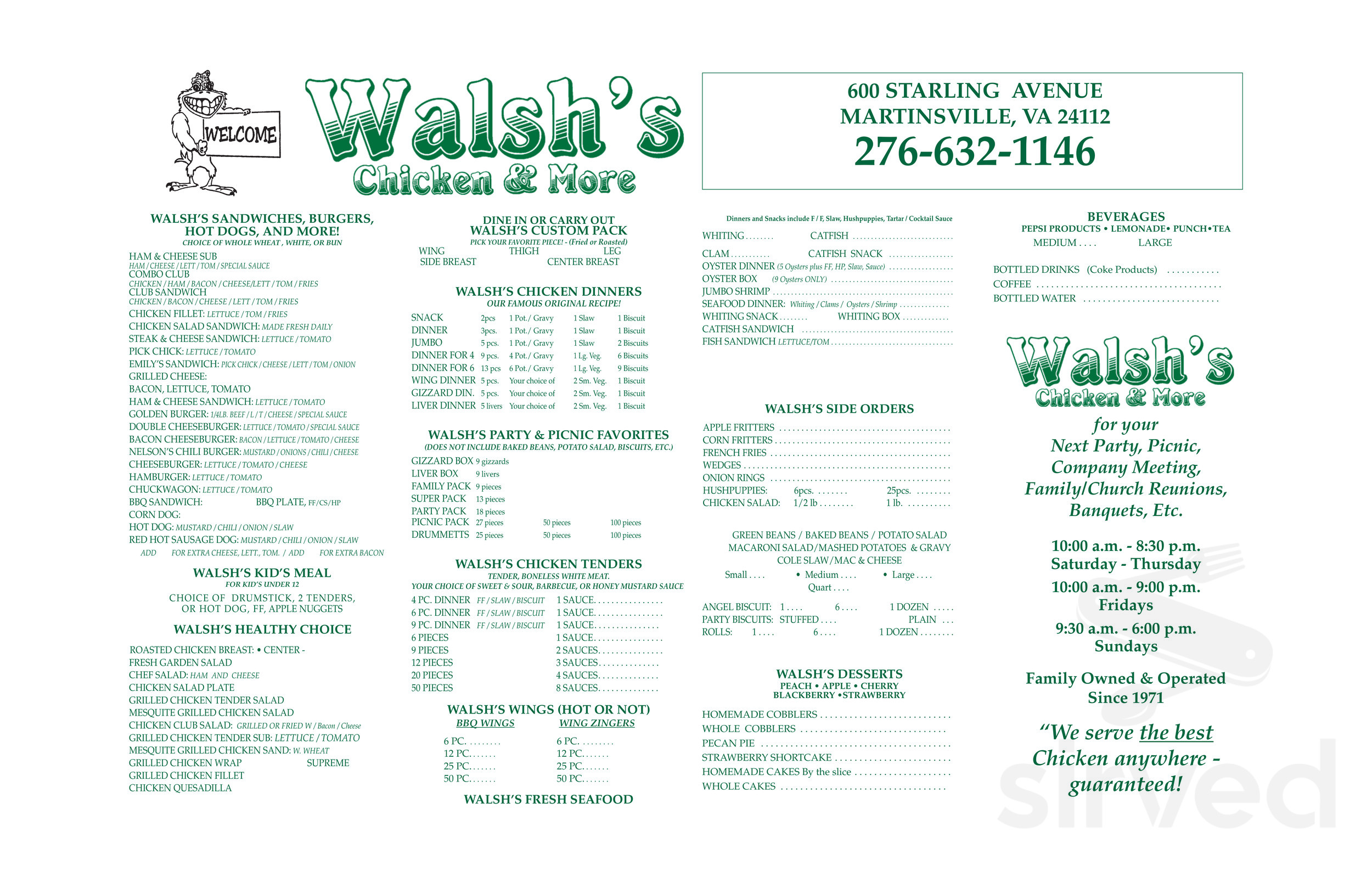 Menu for Walsh's Chicken & More in Martinsville, VA | Sirved