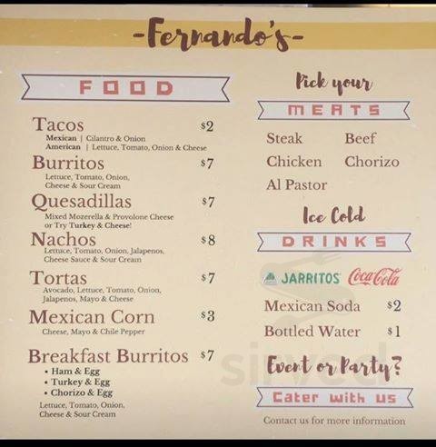 Fernando's menu in Champaign, Illinois, USA