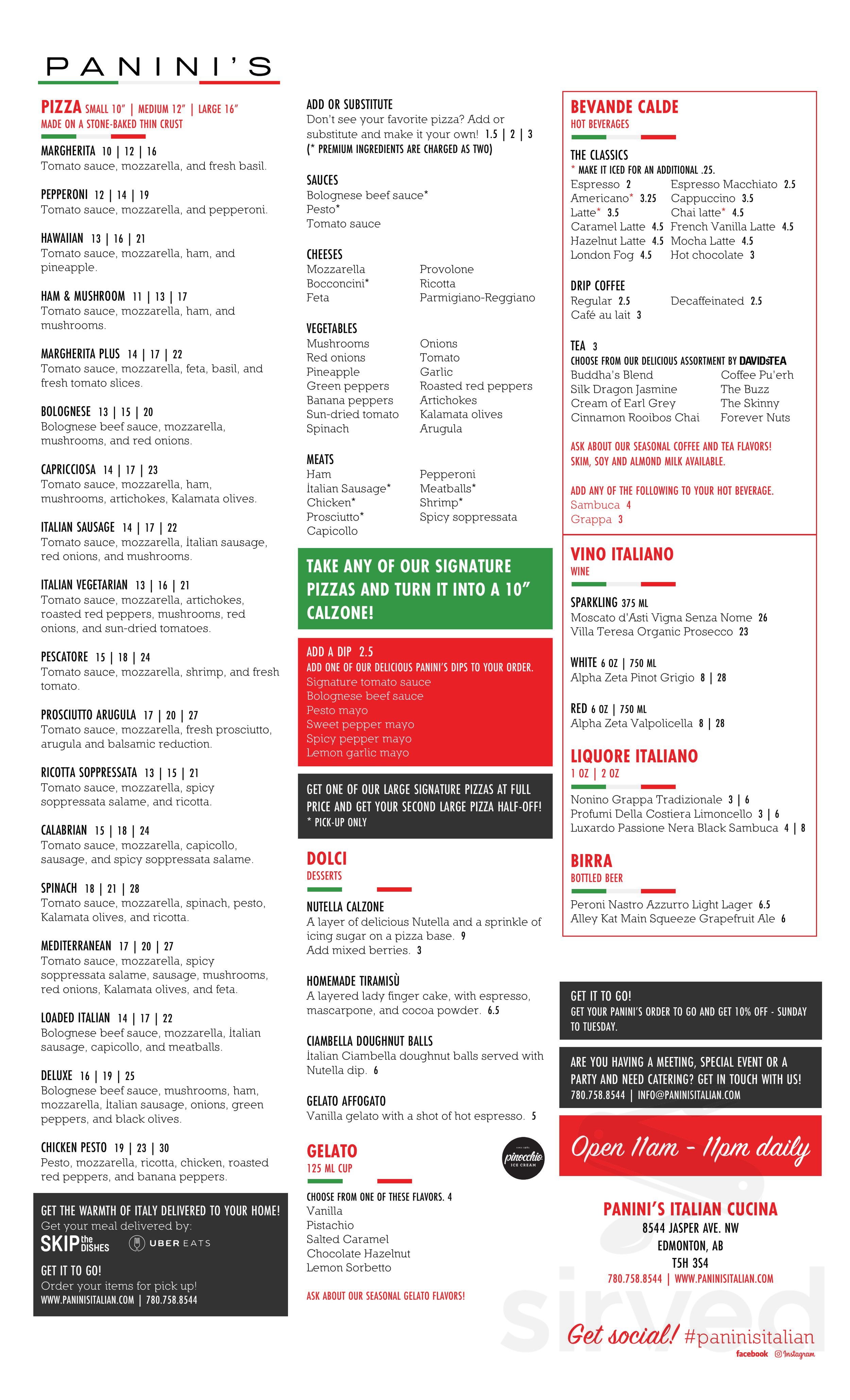 Panini's Italian Cucina menu in Sherwood Park, Alberta, Canada