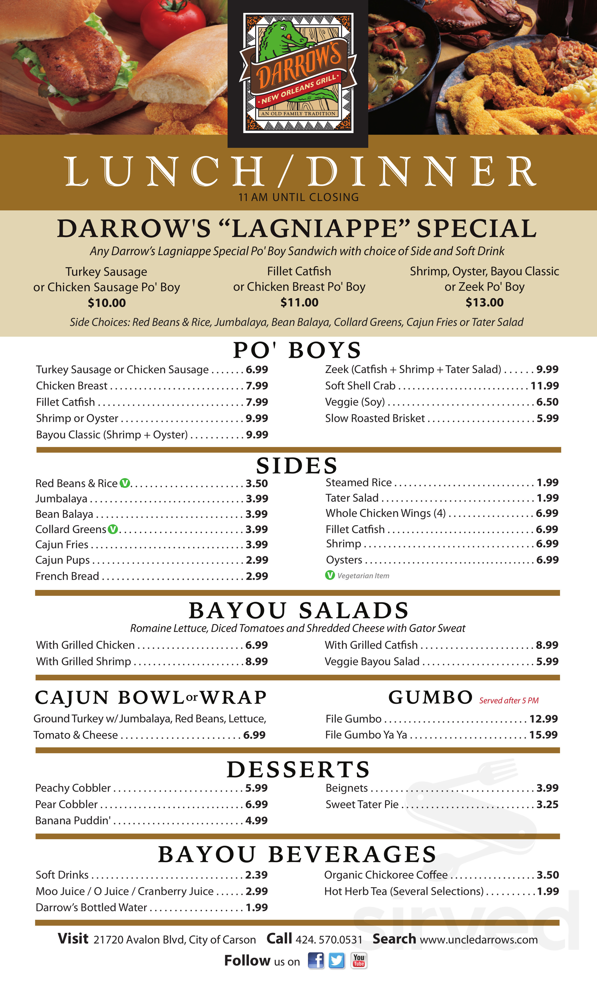 Darrow's New Orleans Grill menu in Carson, California, USA
