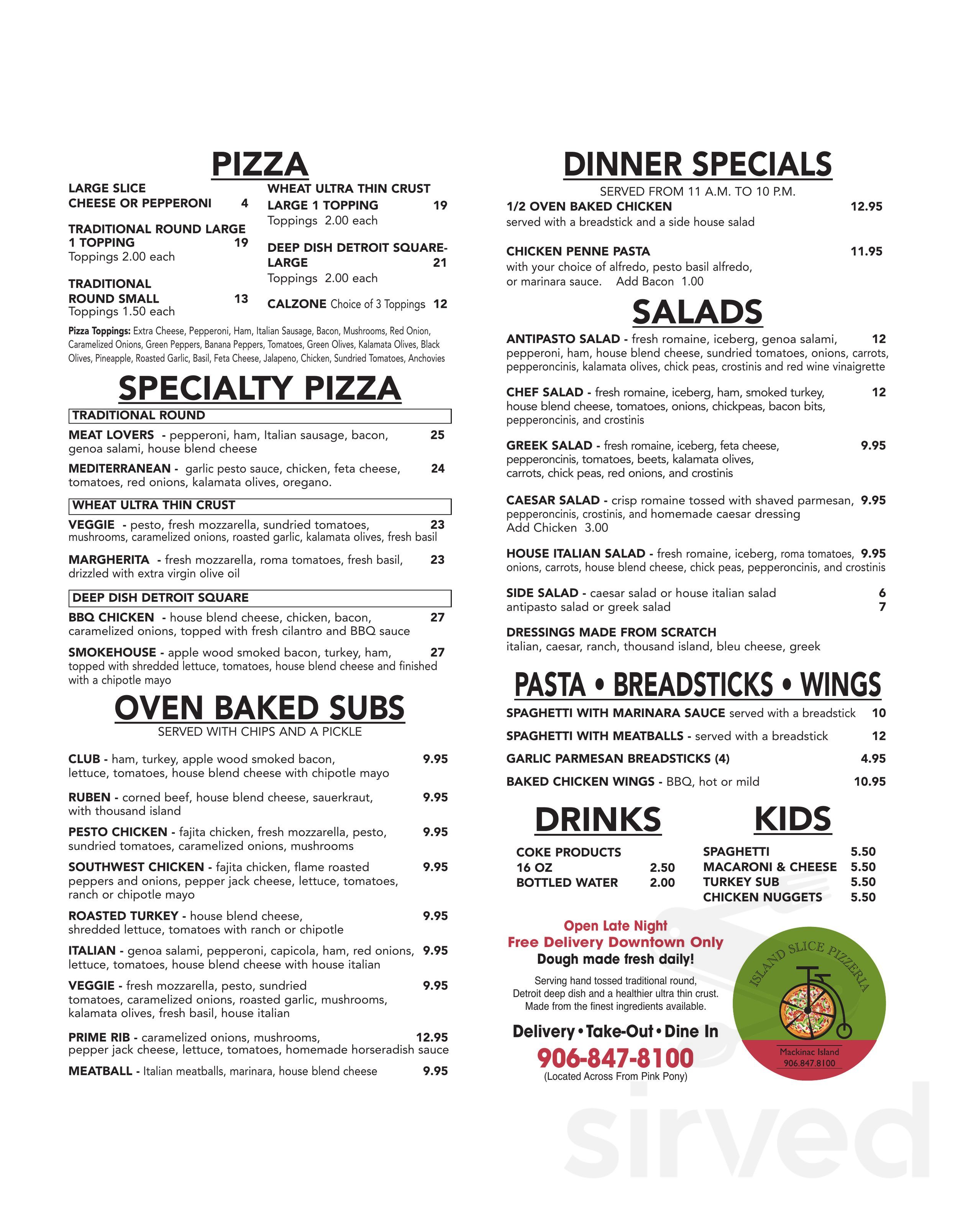 Island Slice Pizzeria menu in Mackinac Island, Michigan, USA