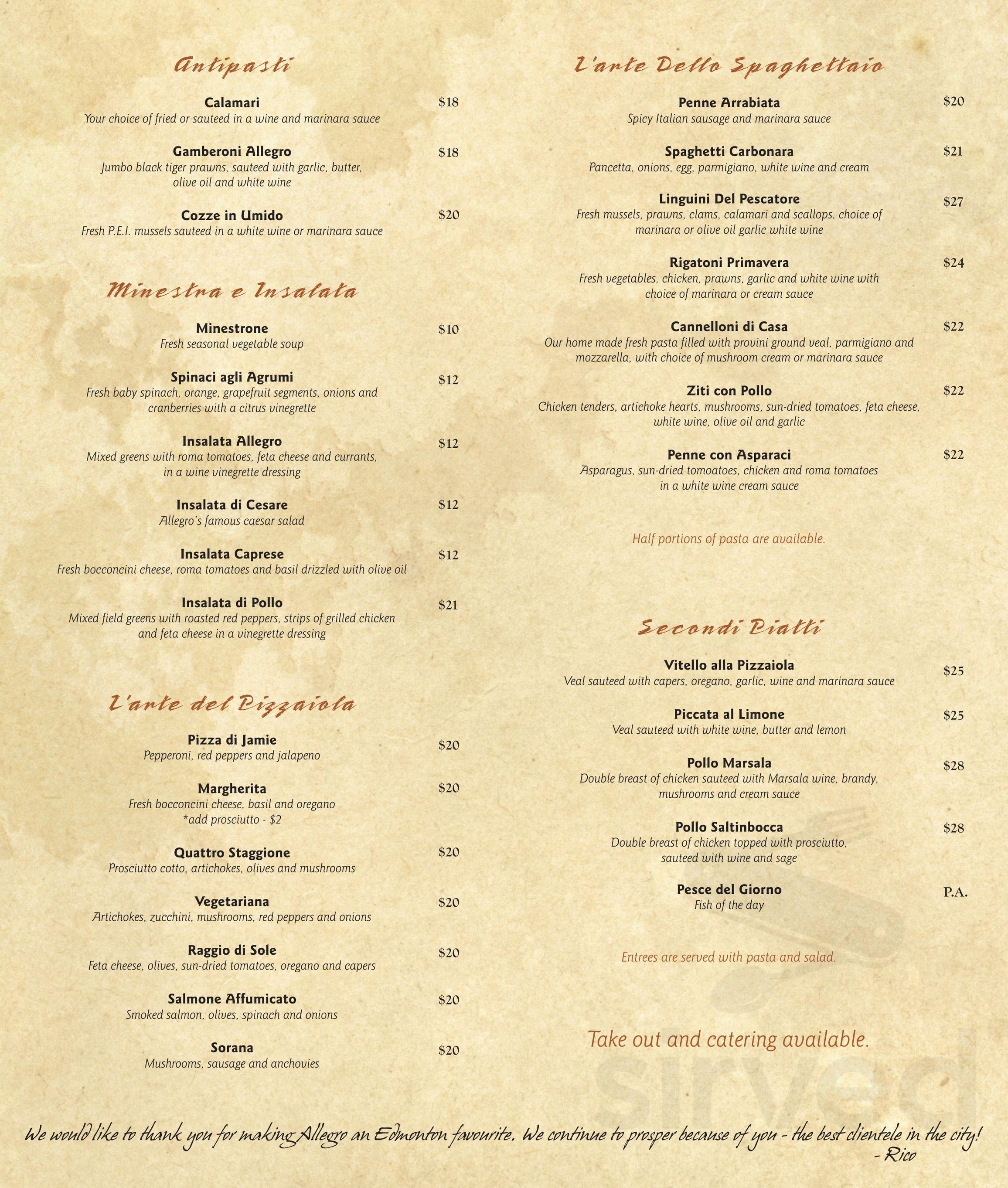 Allegro Italian Kitchen menu in Edmonton, Alberta, Canada