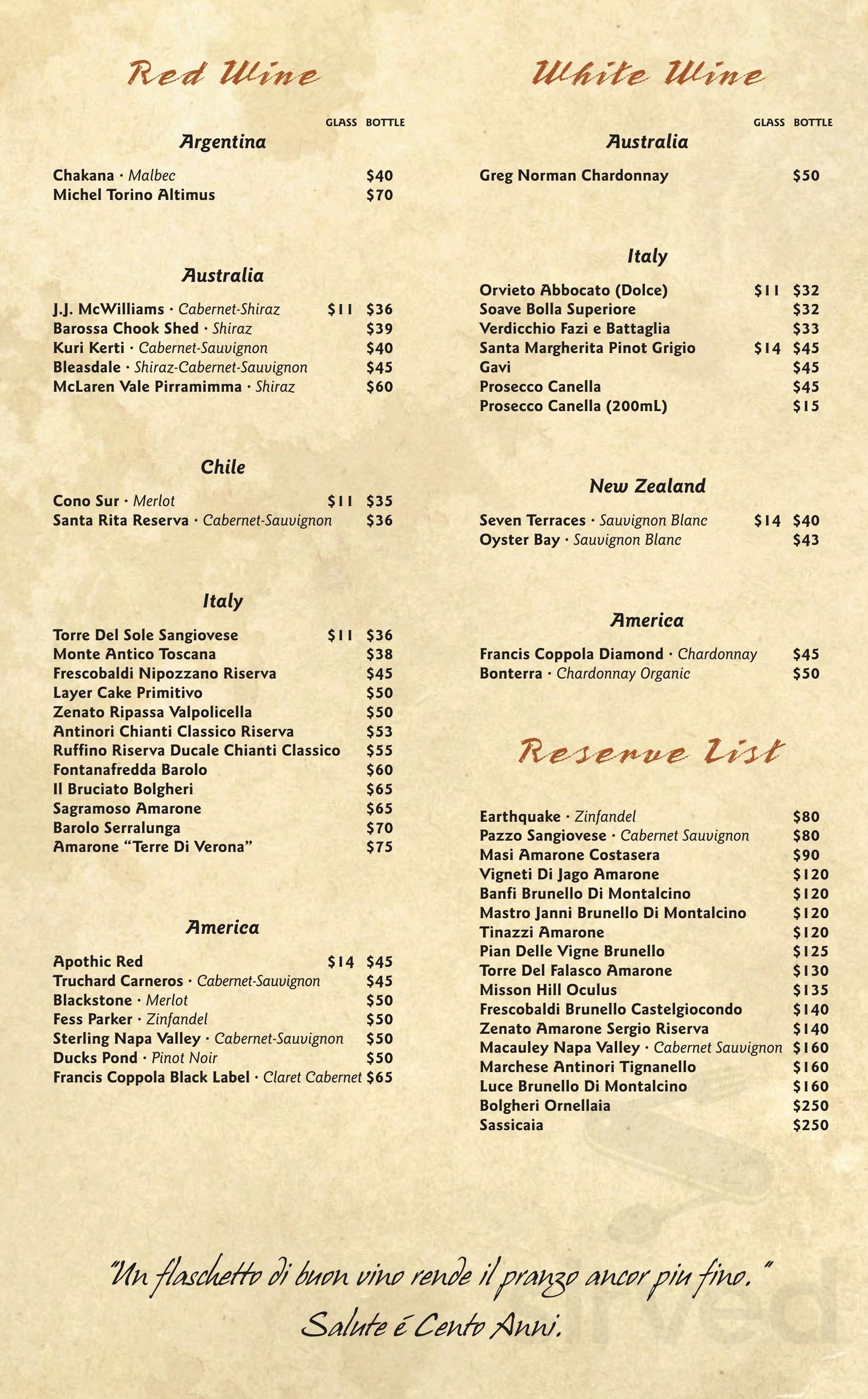 Allegro Italian Kitchen menu in Edmonton, Alberta, Canada