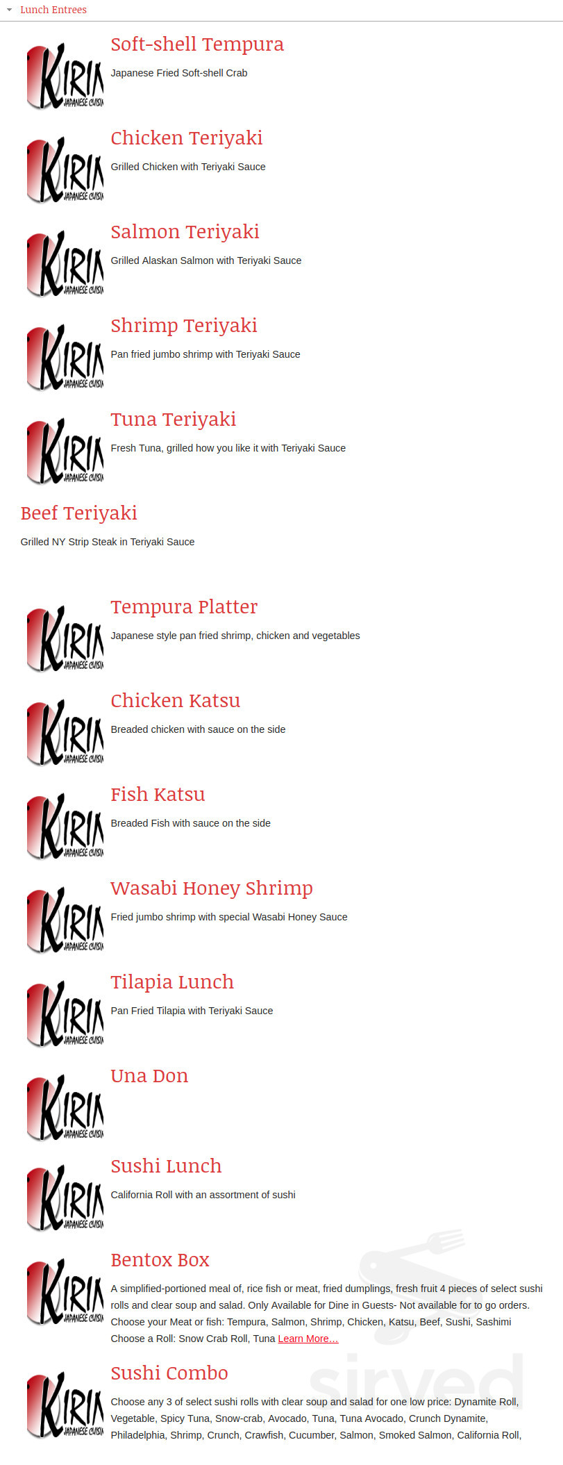 Kirin Japanese Cuisine menu in Hammond, Louisiana, USA