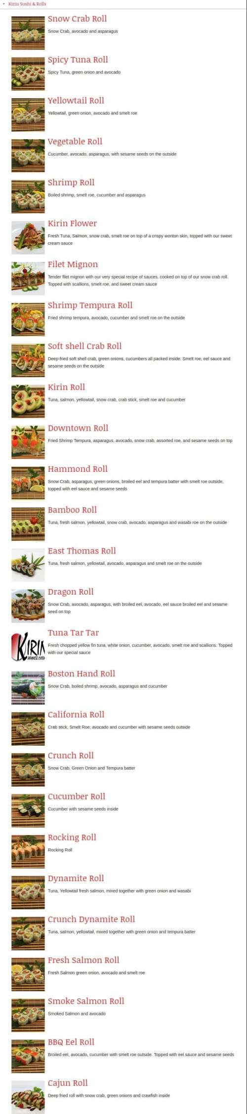 Kirin Japanese Cuisine menu in Hammond, Louisiana, USA