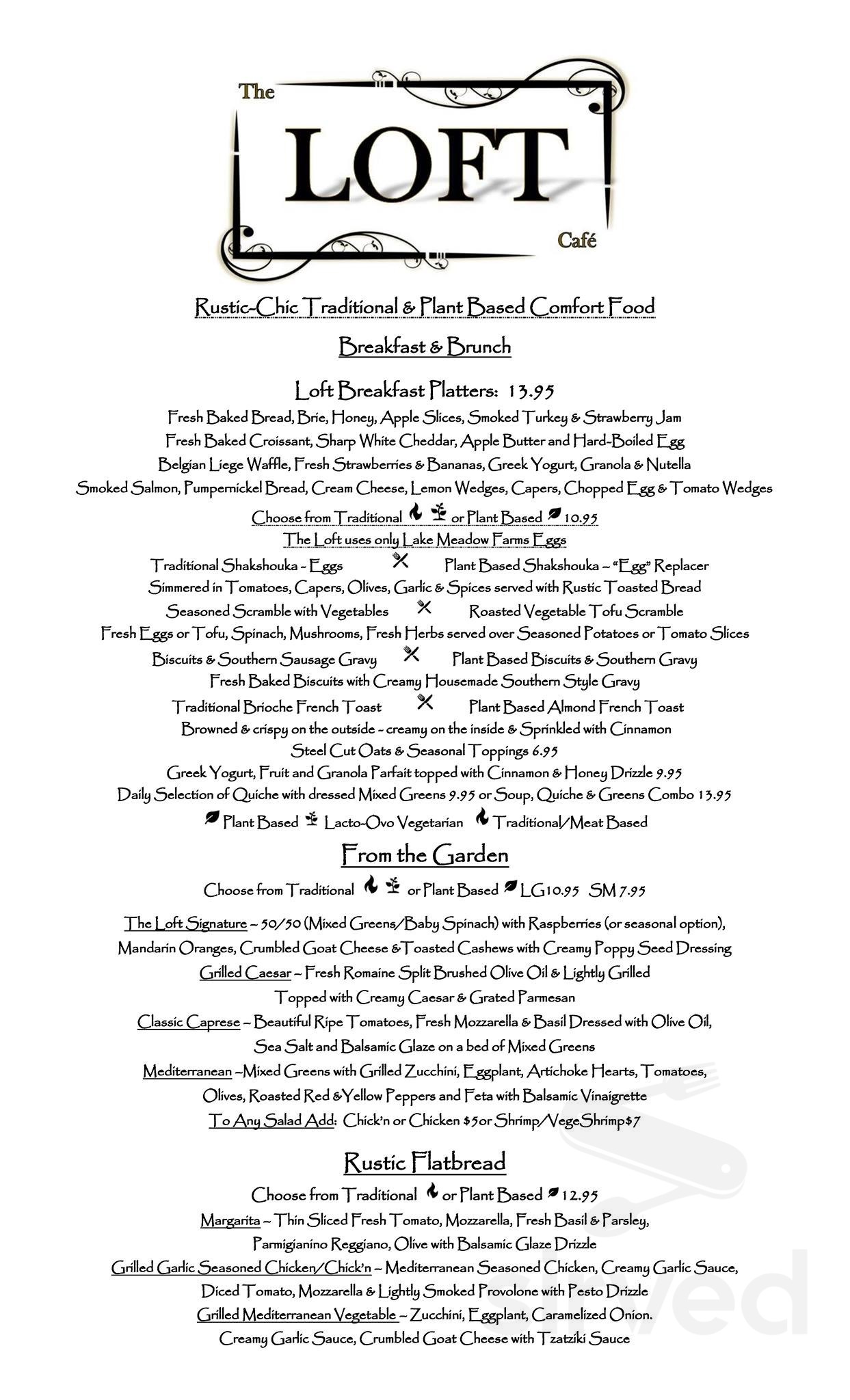 The Loft Cafe menu in Mt Dora, Florida, USA
