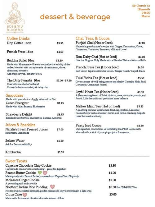 Steamy Buddha Cafe & Yoga menu in Ellsworth, Maine, USA