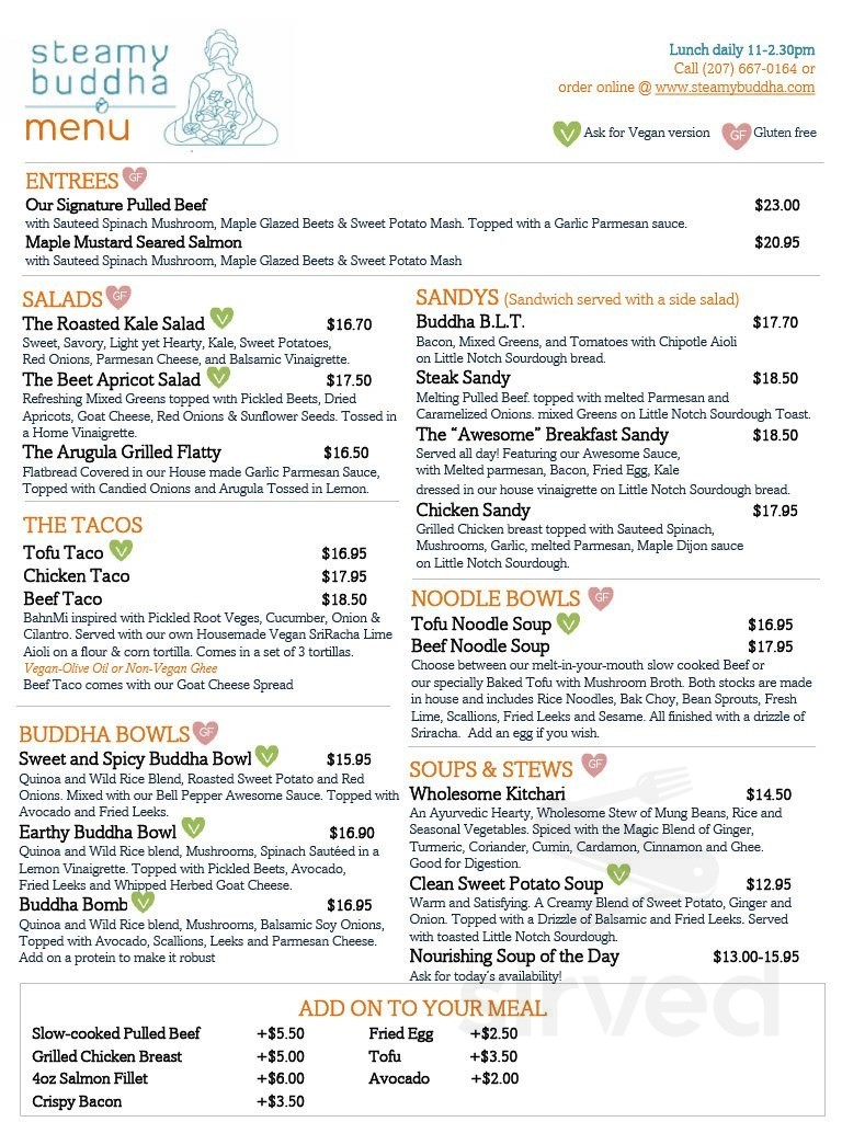 Steamy Buddha Cafe & Yoga menu in Ellsworth, Maine, USA