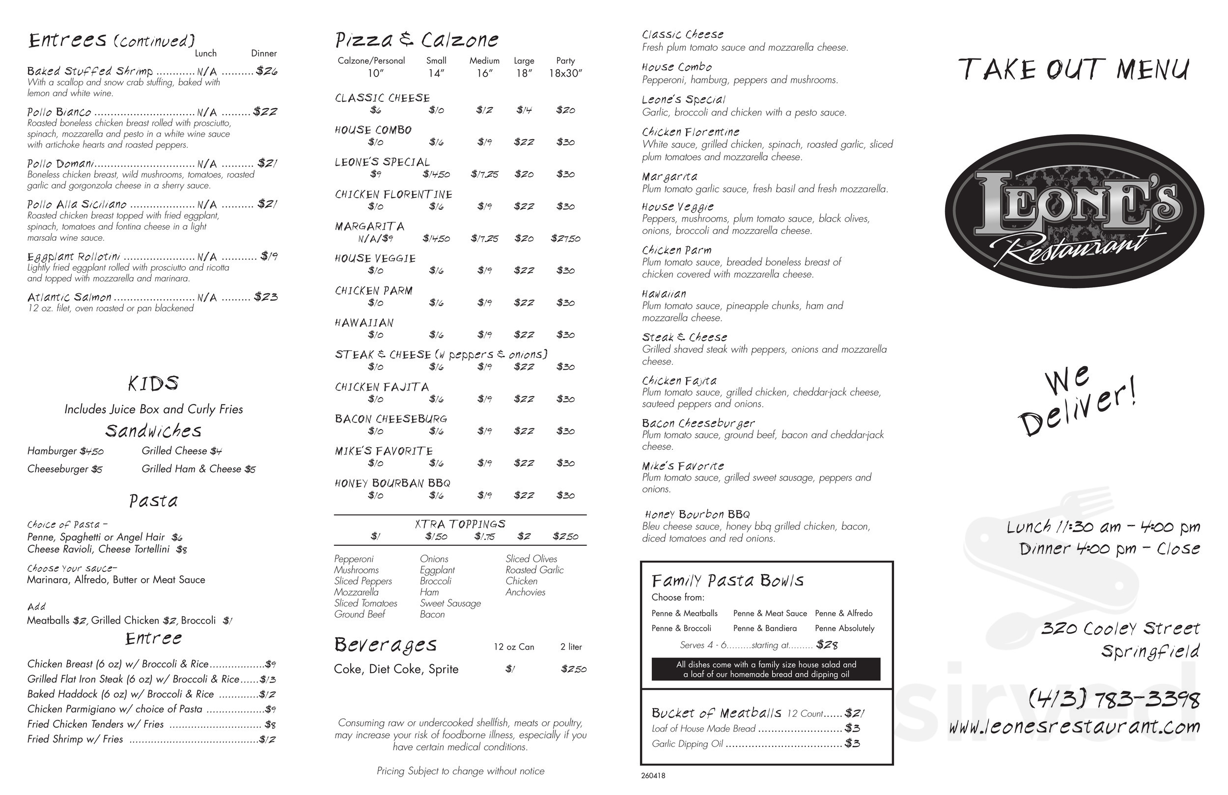 Leone's menu in Springfield, Massachusetts, USA