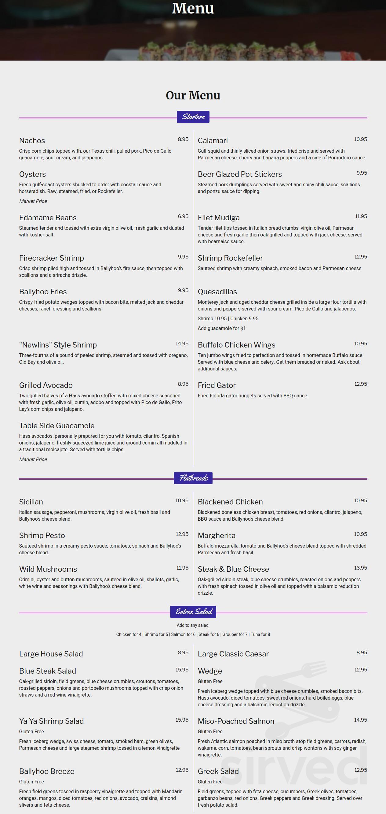 Ballyhoo Grill menu in Gainesville, Florida, USA