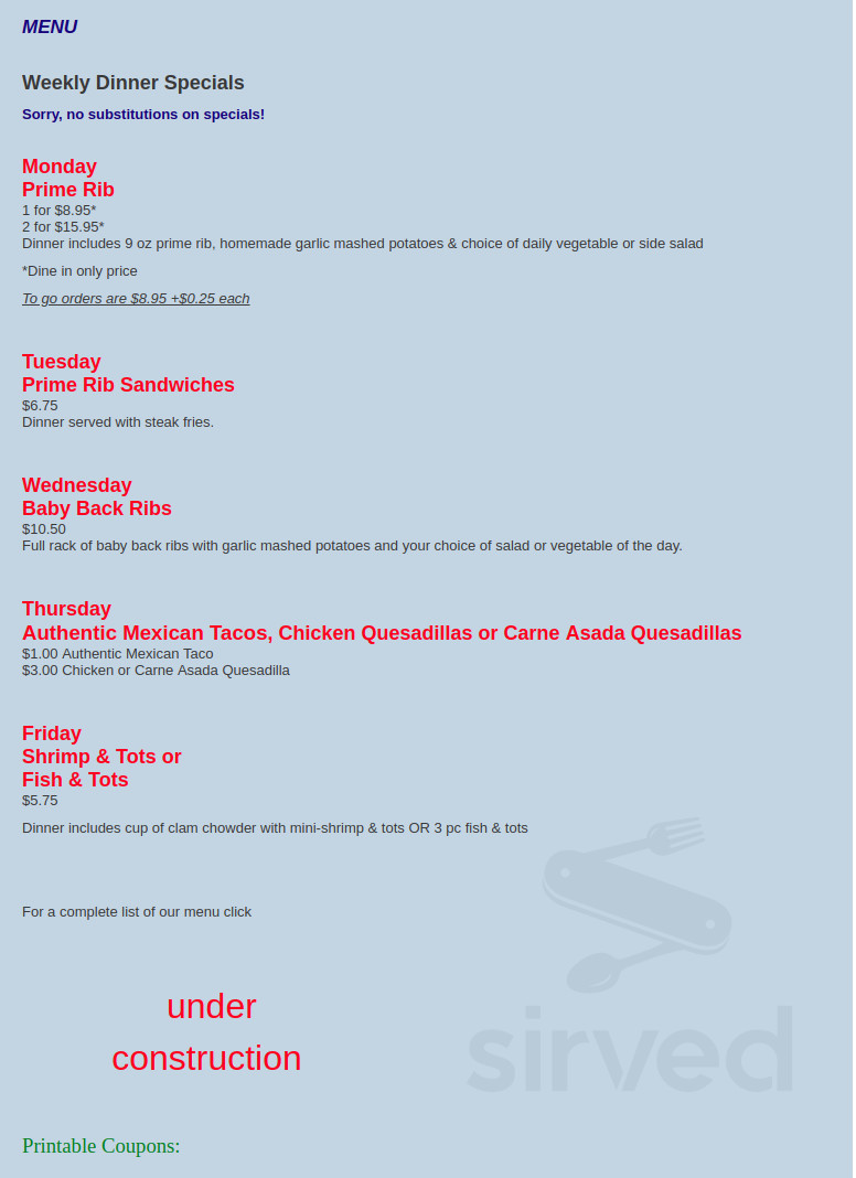 Menu for Hubbard Inn in Hubbard, OR | Sirved