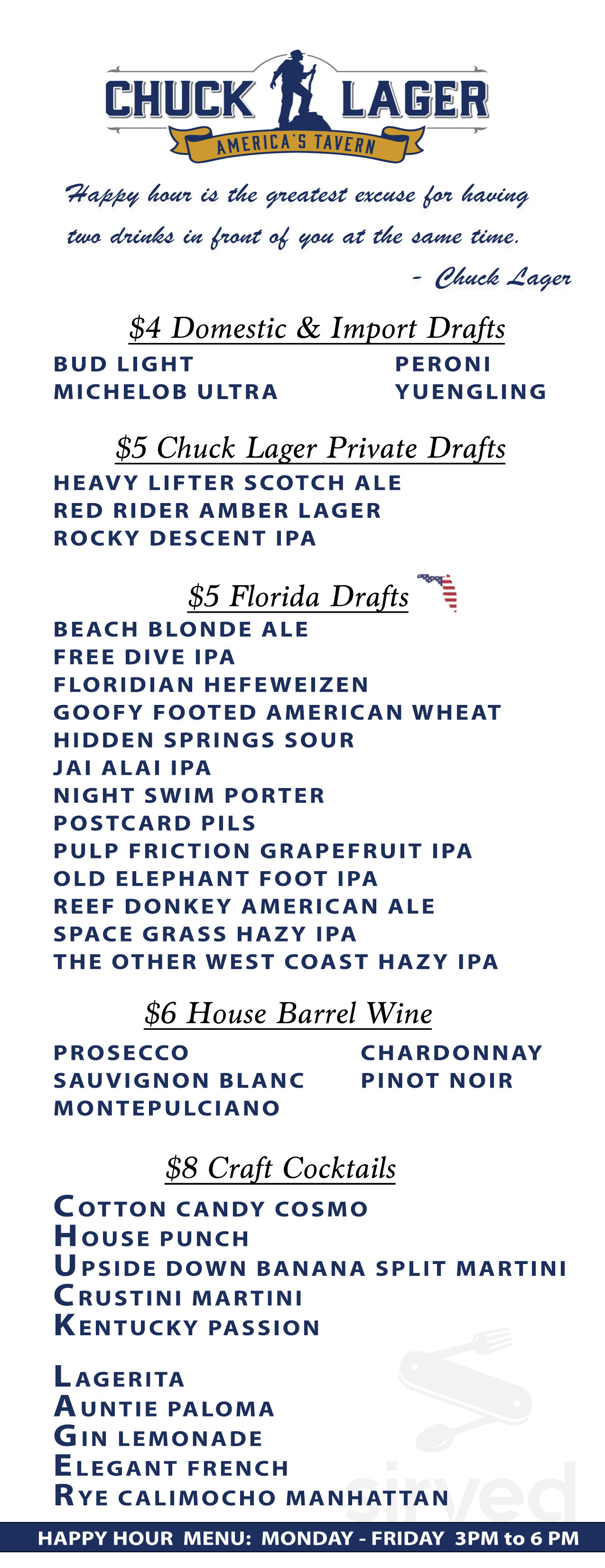 Menu - Wesley Chapel FL's Chuck Lager America's Tavern | Sirved