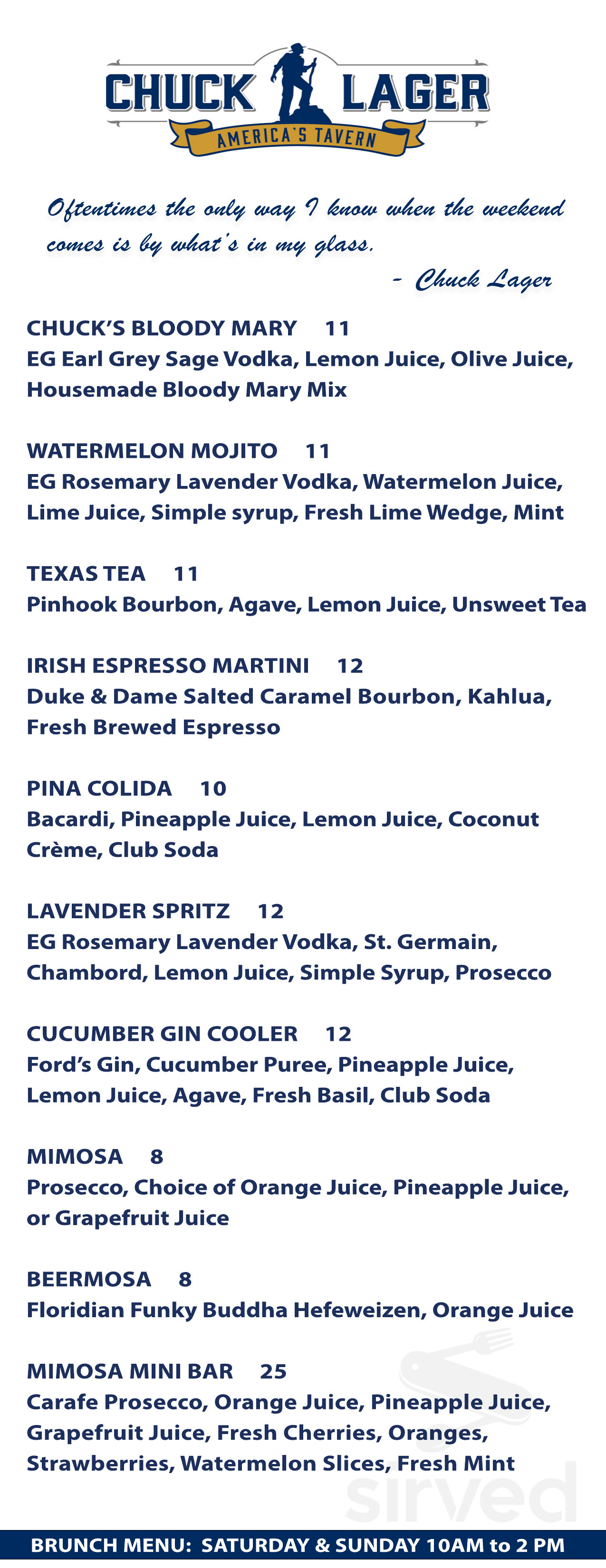 Menu - Wesley Chapel FL's Chuck Lager America's Tavern | Sirved