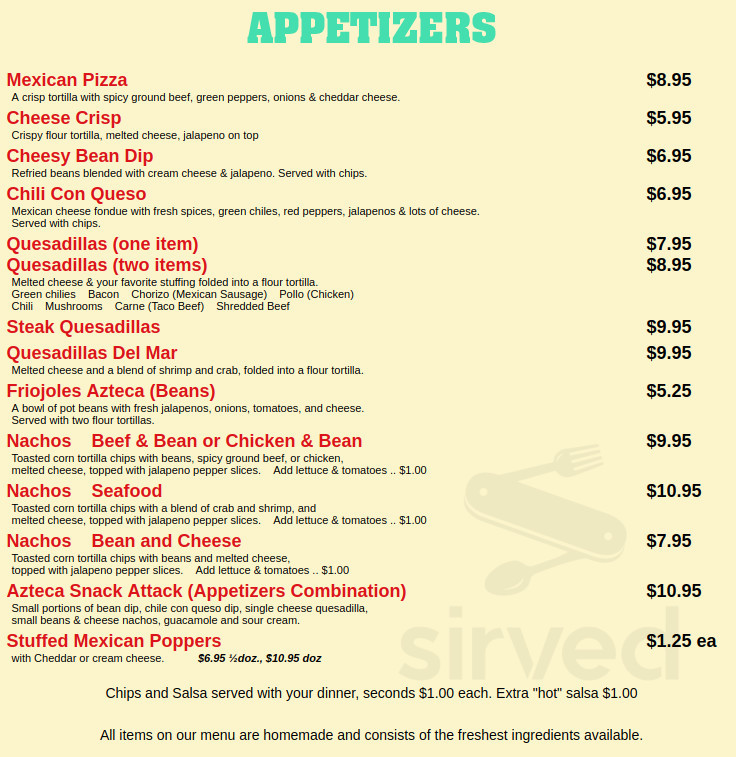 Azteca I I menu in Cocoa Beach, Florida, USA
