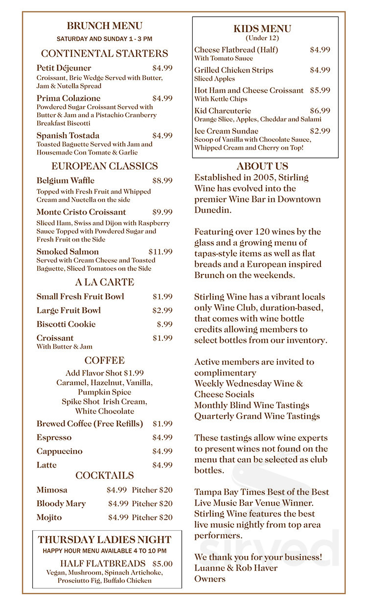 Stirling Wine menu in Dunedin, Florida, USA