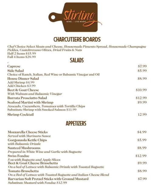Stirling Wine menu in Dunedin, Florida, USA