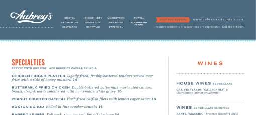 Menu for Aubrey's Sevierville in Sevierville, TN | Sirved