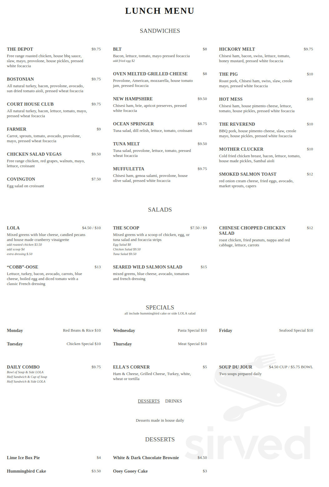 Lola menu in Covington, Louisiana, USA