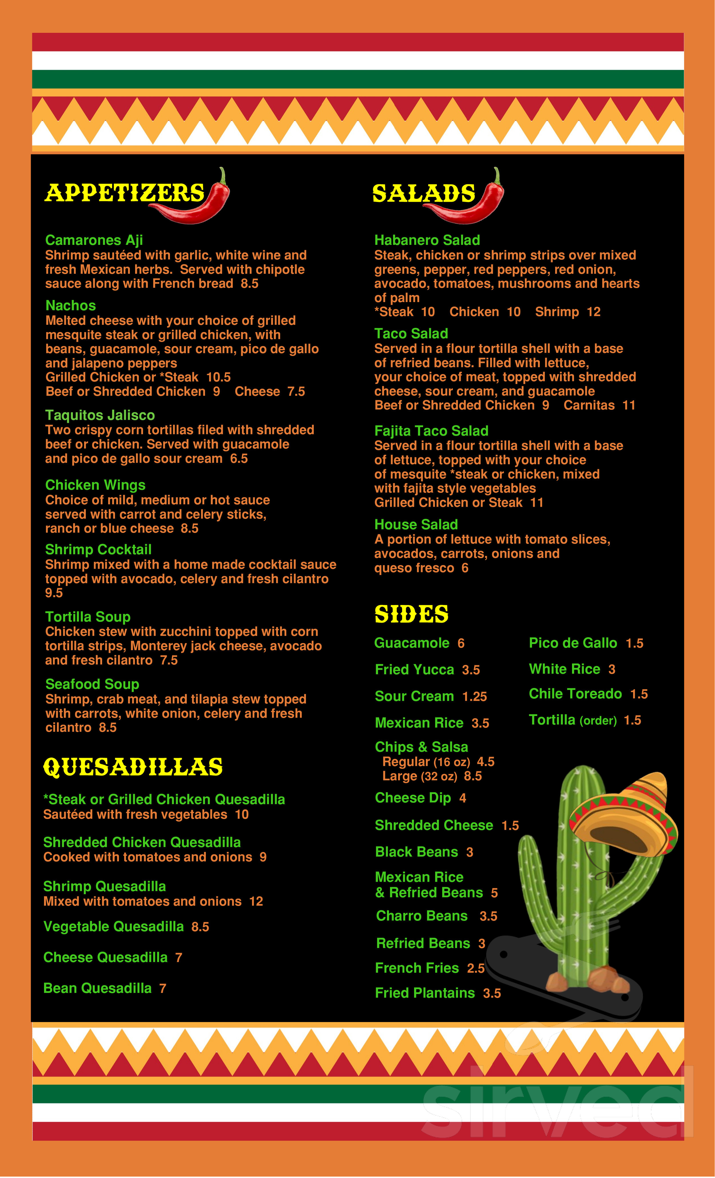 El Habanero Tex-Mex Grill menu in Winchester, Virginia, USA