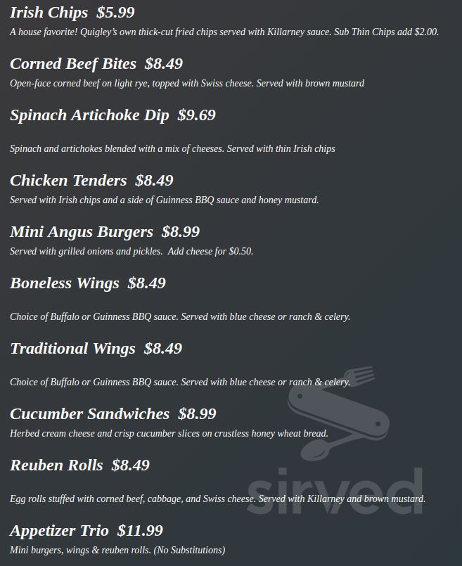 Quigley's Irish Pub menus in Naperville, Illinois, United States