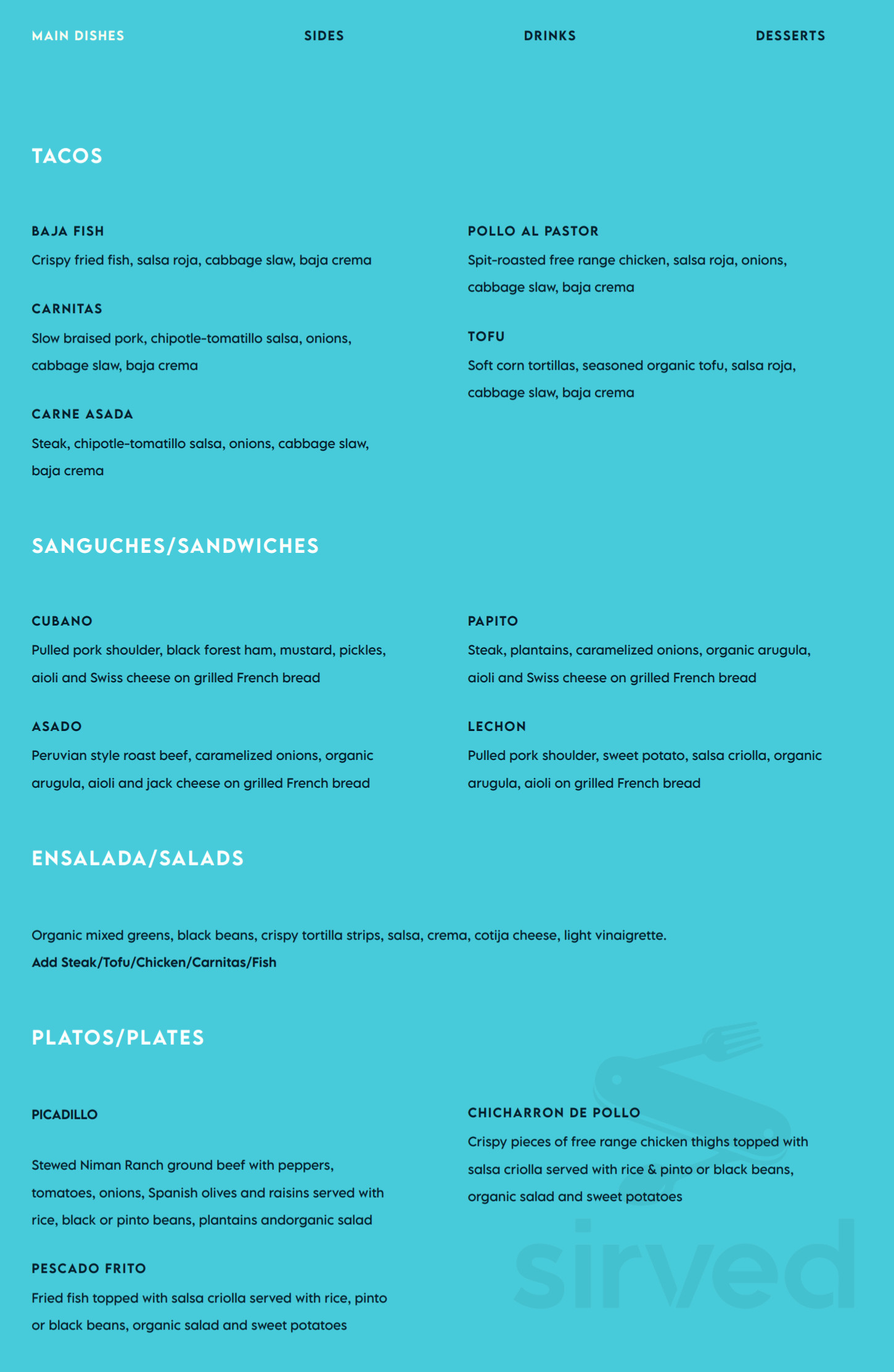 Menu - Alameda CA's Cholita Linda | Sirved