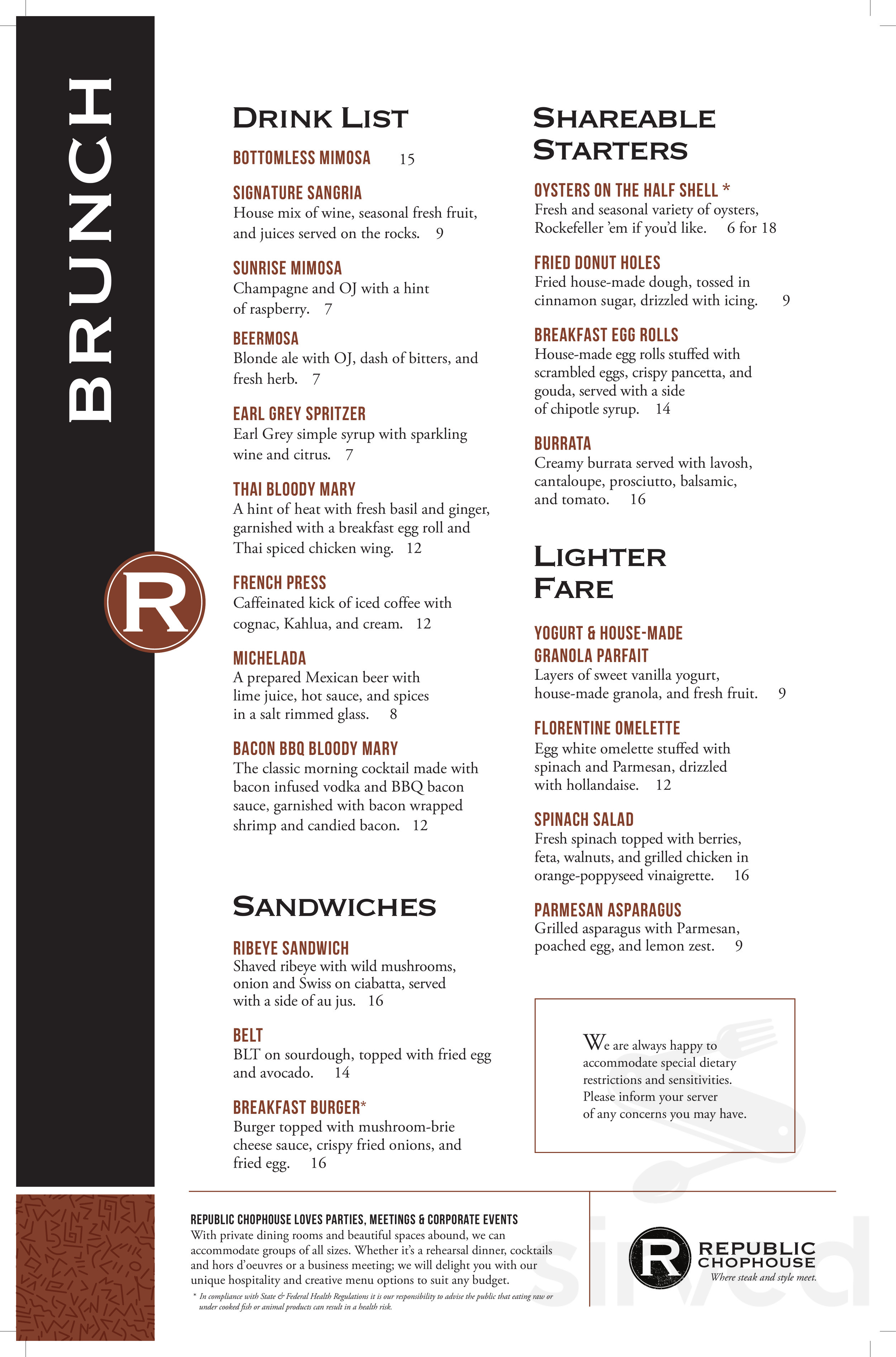 Republic Chophouse menu in Green Bay, Wisconsin, USA