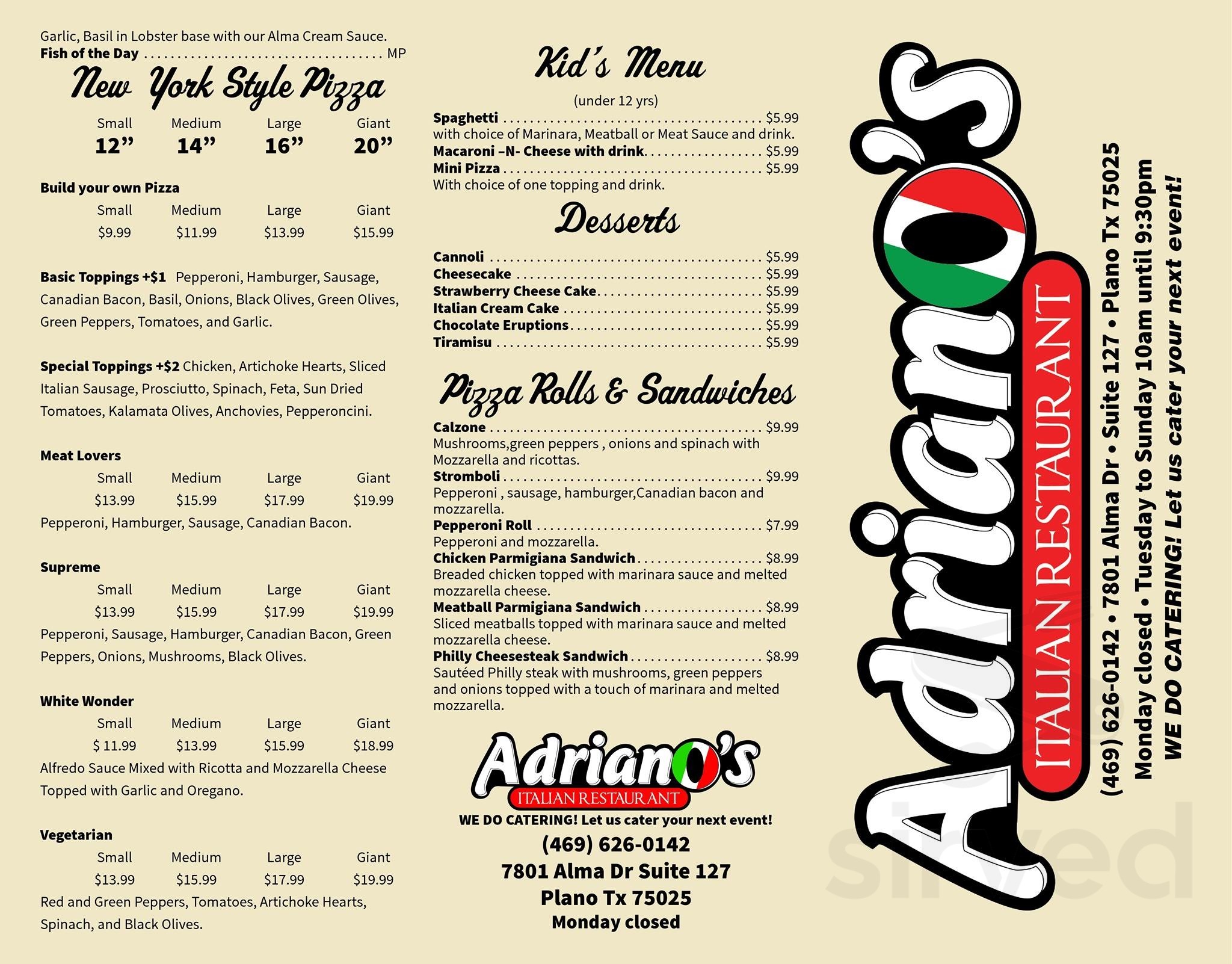 Adriano's Italian Restaurant menu in Plano, Texas, USA