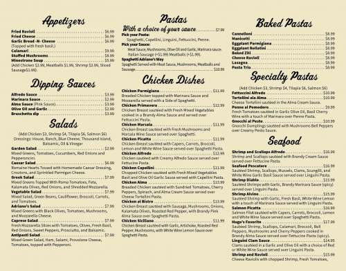 Adriano's Italian Restaurant menu in Plano, Texas, USA