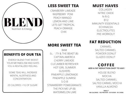 Blend Nutrition & Energy menu in Round Rock, Texas, USA