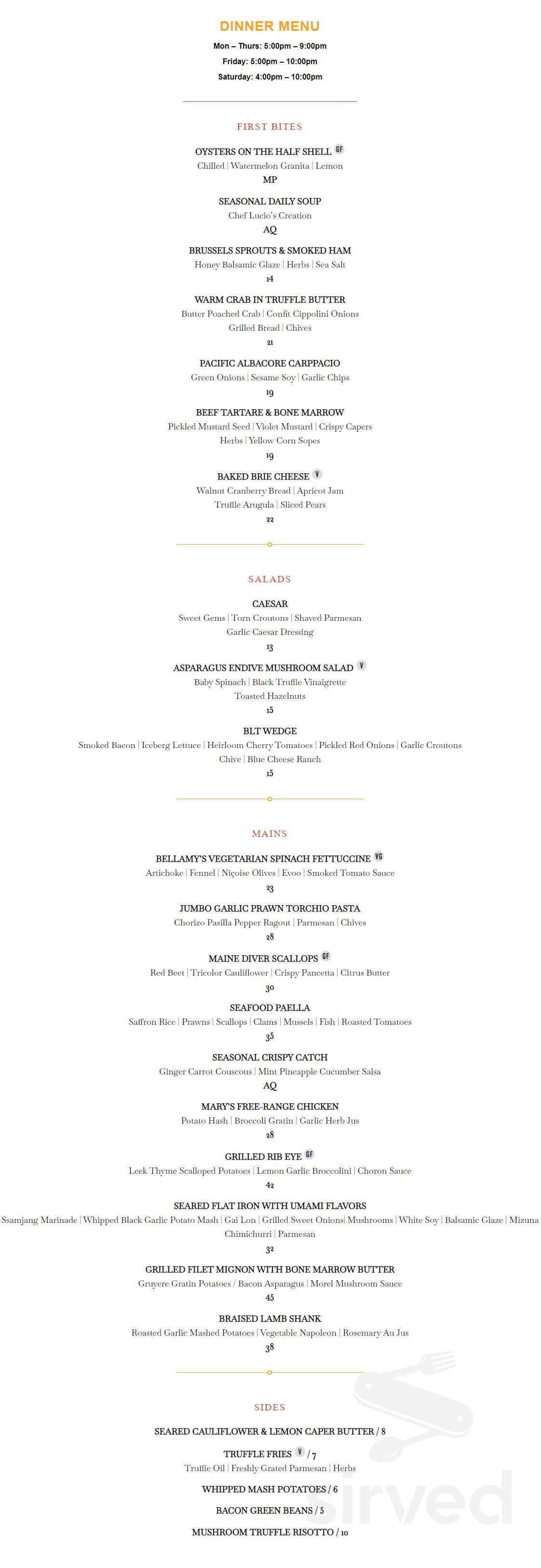 Bellamy's Restaurant menu in Escondido, California, USA