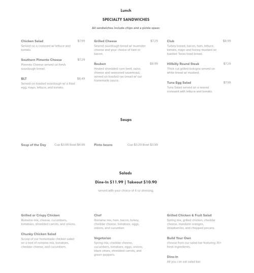 1806 General Store menu in Livingston, Tennessee, USA